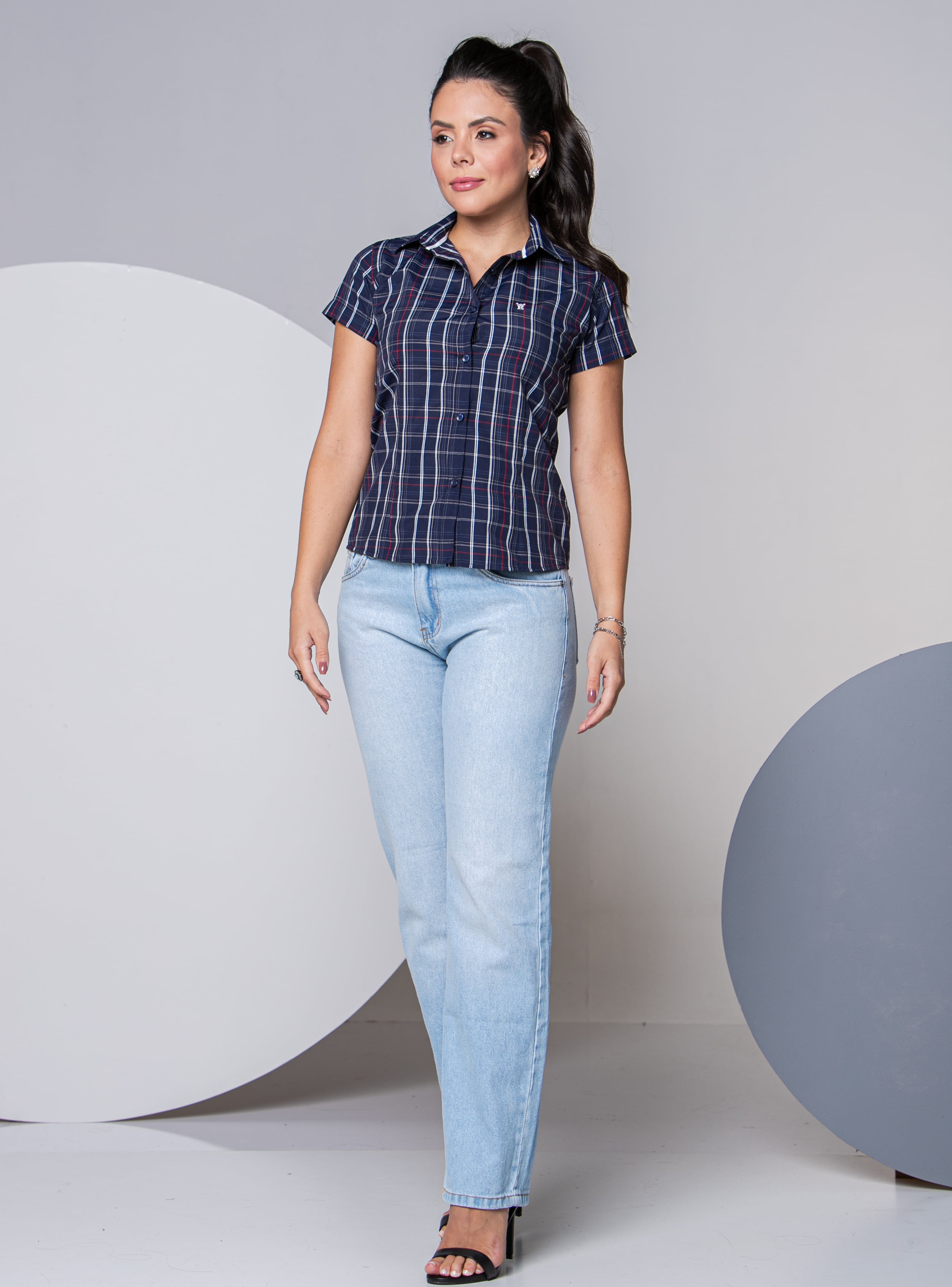 Camisa Feminina Social Manga Curta Xadrez Rodeio Marinho Premium