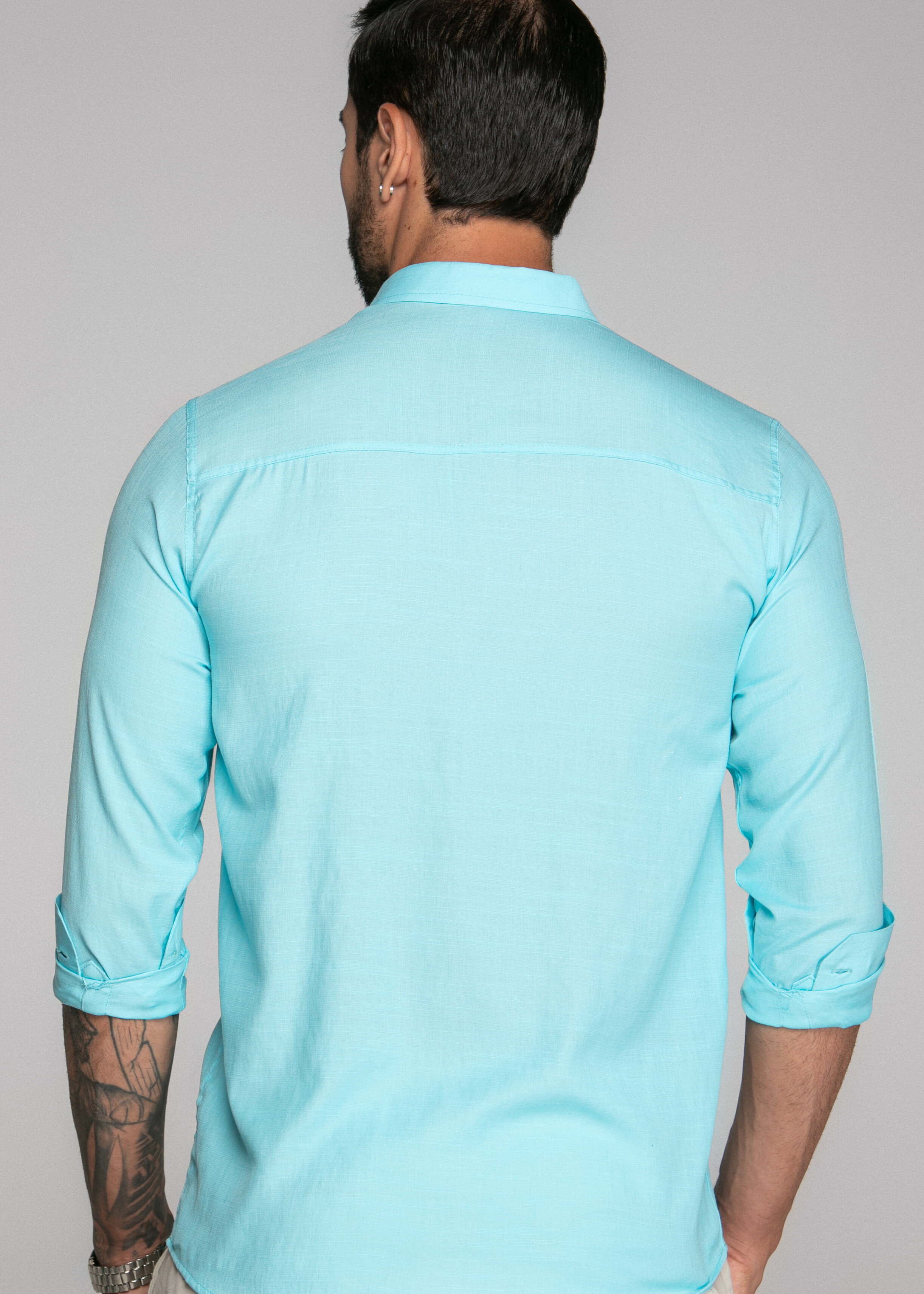 CAMISA MASCULINA SOCIAL SLIM FIT MANGA LONGA TURQUESA - Elegance camisas