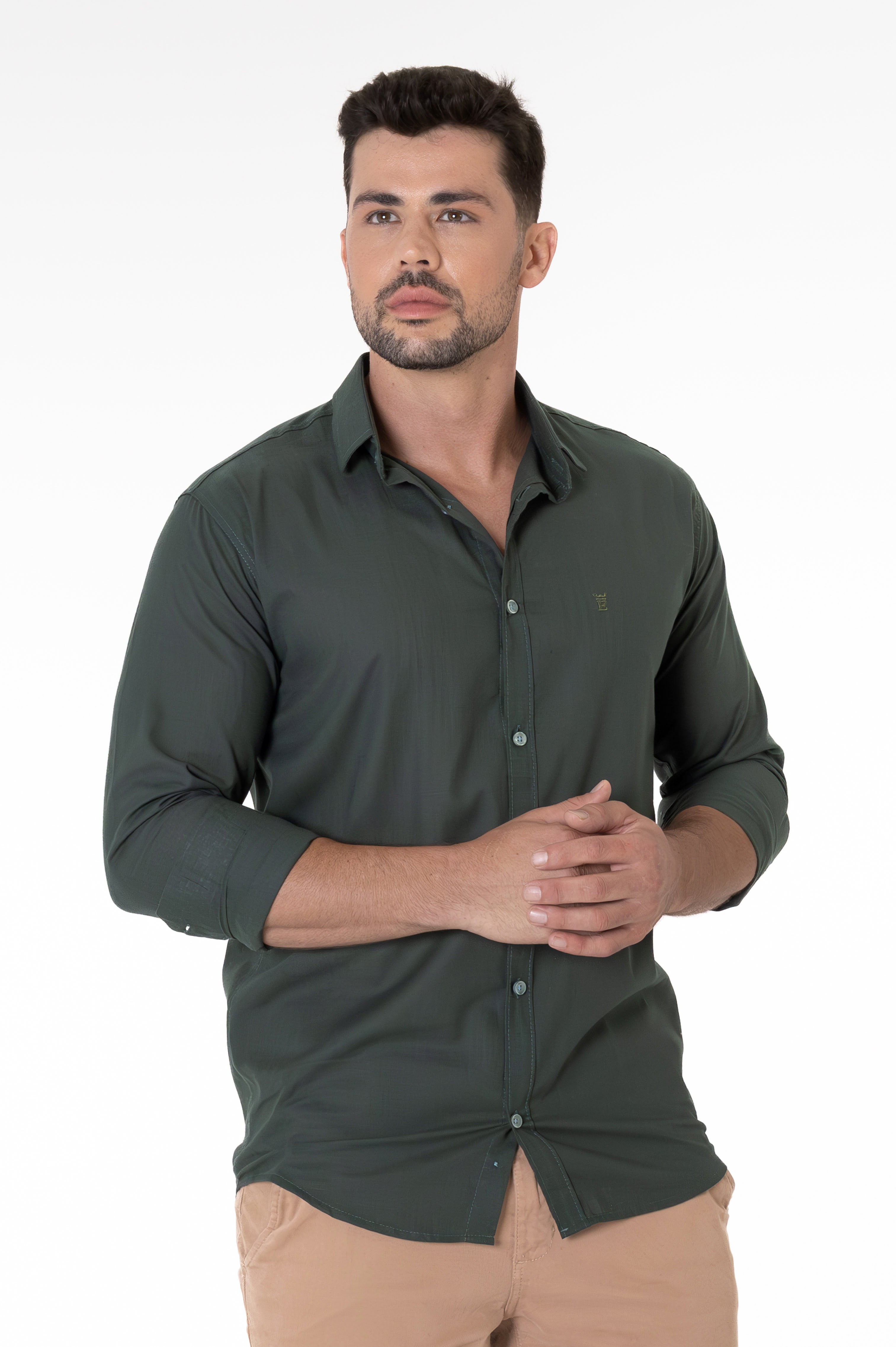 Camisa Social Masculina Manga Longa Verde Militar