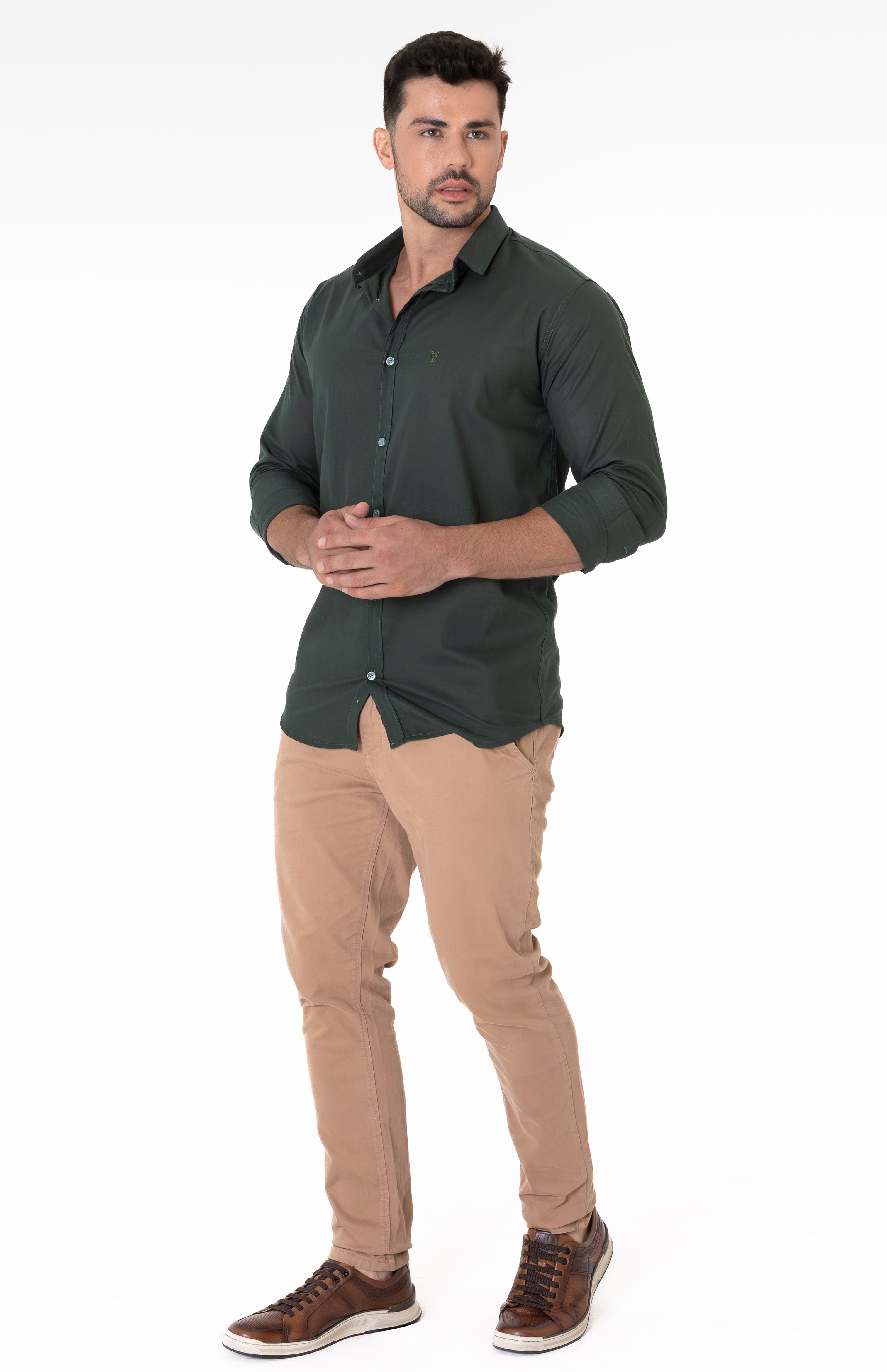 Camisa Social Masculina Manga Longa Verde Militar